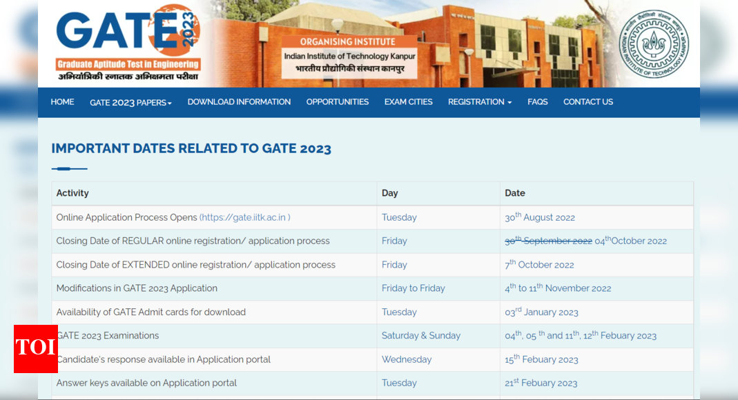 GATE 2023: GATE application registration extended till October 7; Apply ...