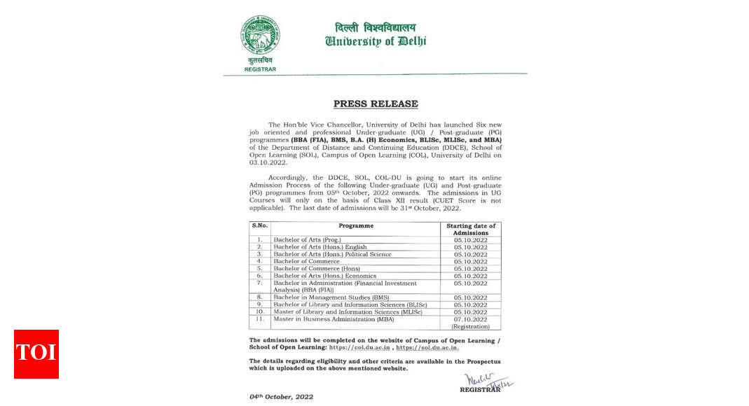 DU SOL 2022: Registration process begins for new courses, apply for ...