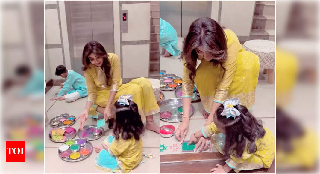 Shilpa Shetty’s daughter Samisha helps her put Rangoli for Diwali ...