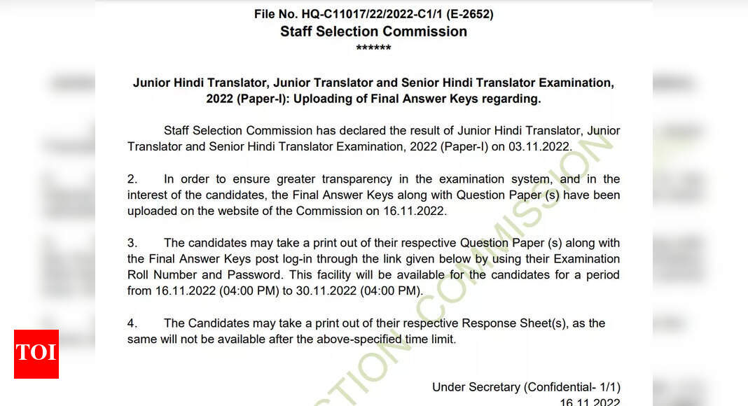 SSC JHT 2022: SSC JHT Answer Key 2022 released for Paper-I, here's ...