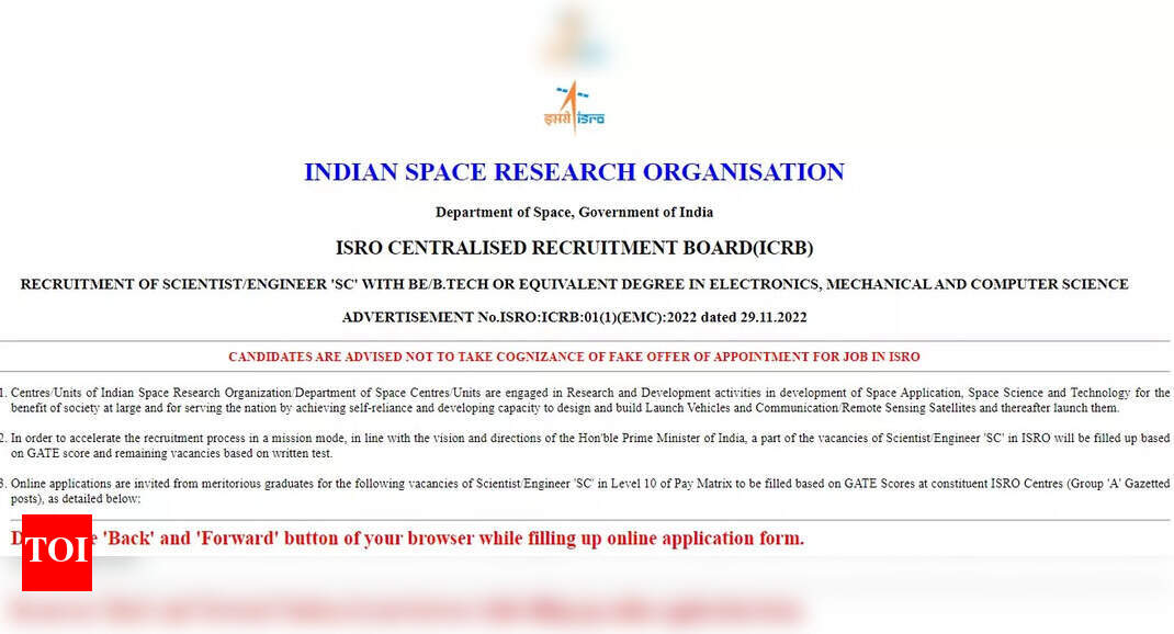 ISRO Recruitment 2022: Applications invited for 68 vacancies on isro ...