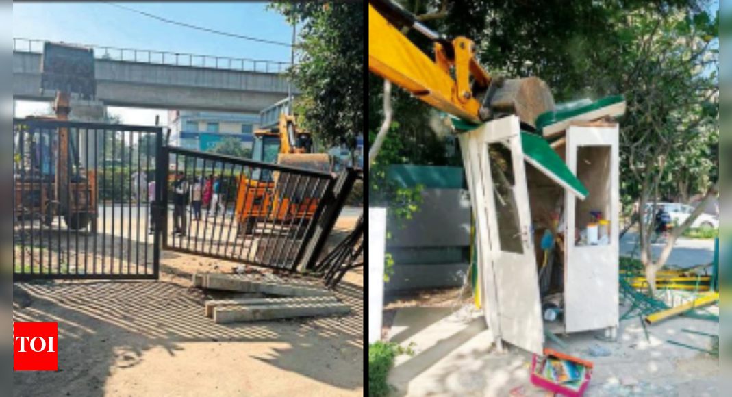 Gurgaon: Locked, unmanned gates in DLF-1 razed after protests | Gurgaon ...
