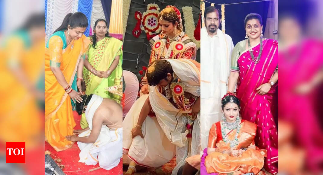 Former Jabardasth Judge Roja Selvamani Blesses Newlywed Couple Rakesh And Sujatha See Pics From