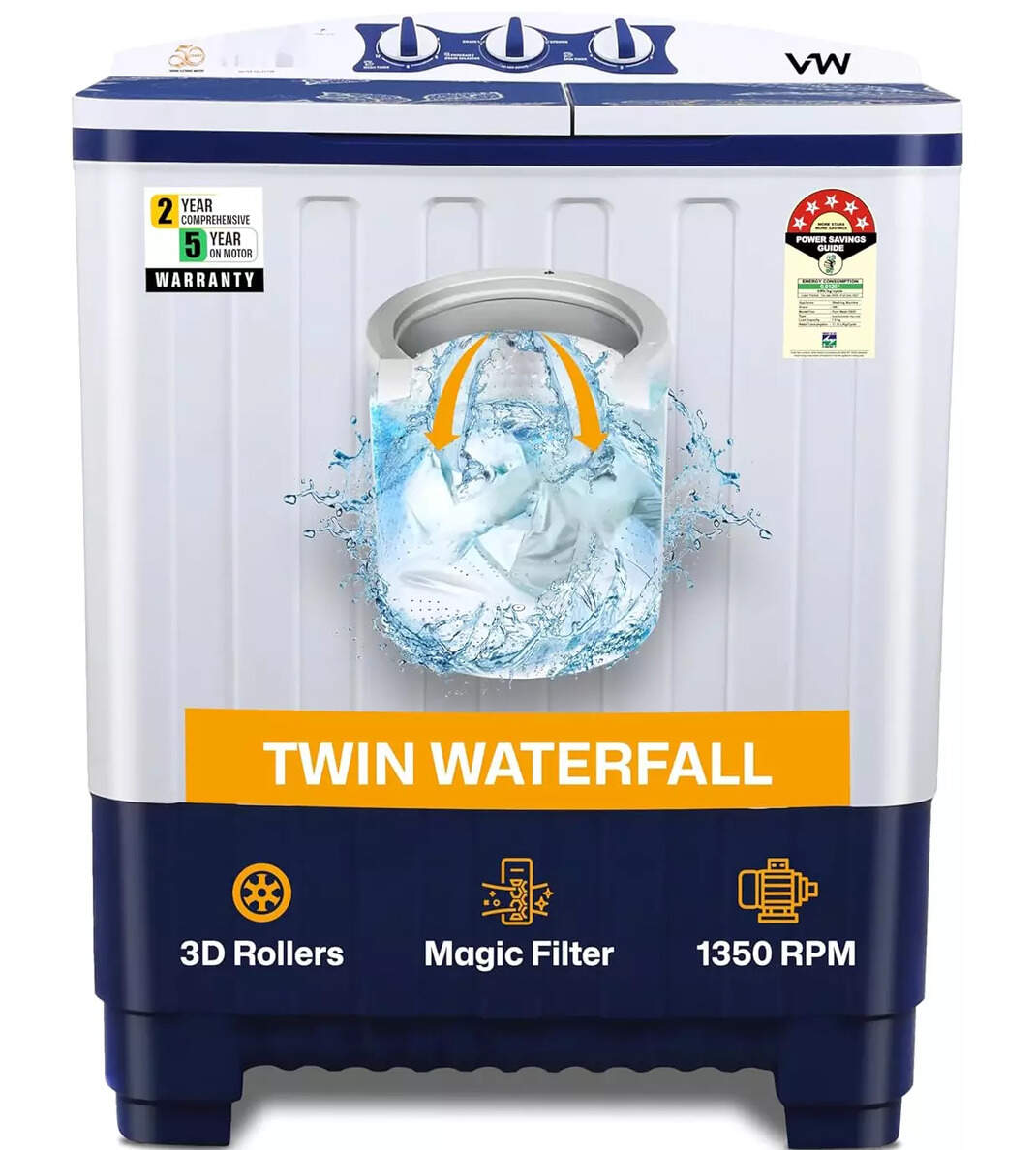 VW PureWash0075G 7.5 kg 5 Star Semi Automatic Top Load Washing Machine ...